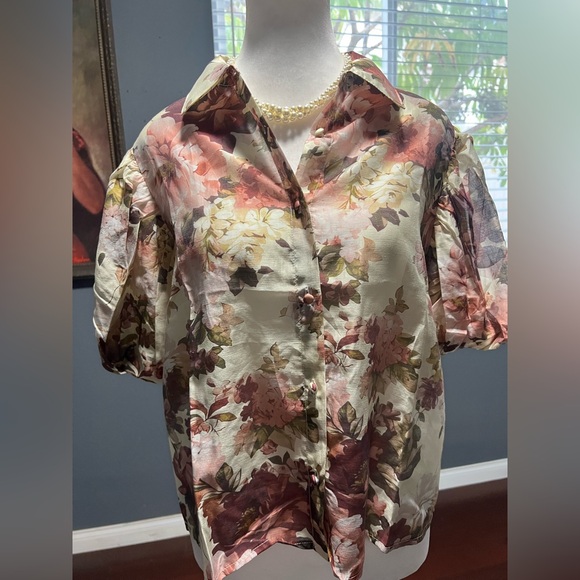 Bailey 44 | Tops | Bailey 44 Floral Blouse Tan And Cream Sheer Top With ...